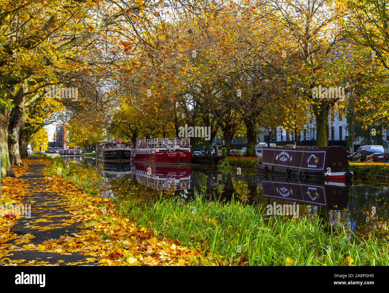Canal barges on Grand Canal Dublin Ireland during Autumn / Fall ...