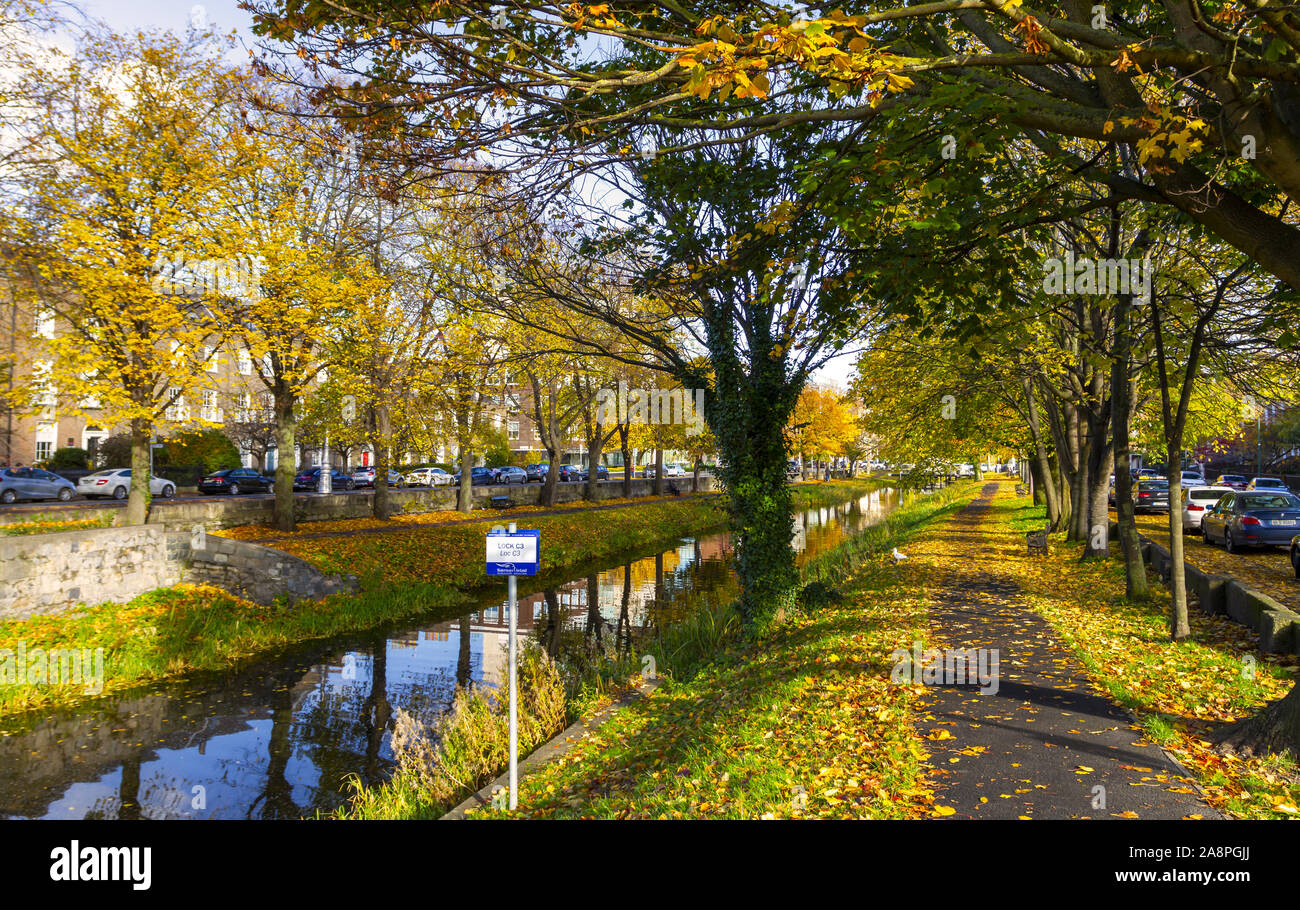 Grand Canal Dublin Ireland during Autumn. Leaf covered towpath ...