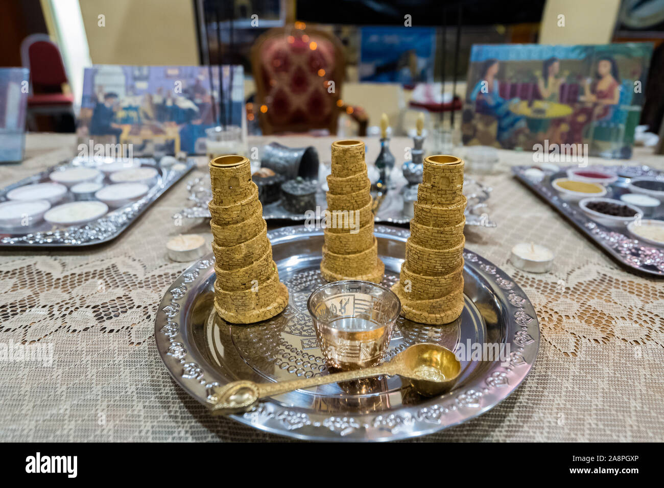 some golden fancy arabic souvenirs with Patterned Dishes and golden ...