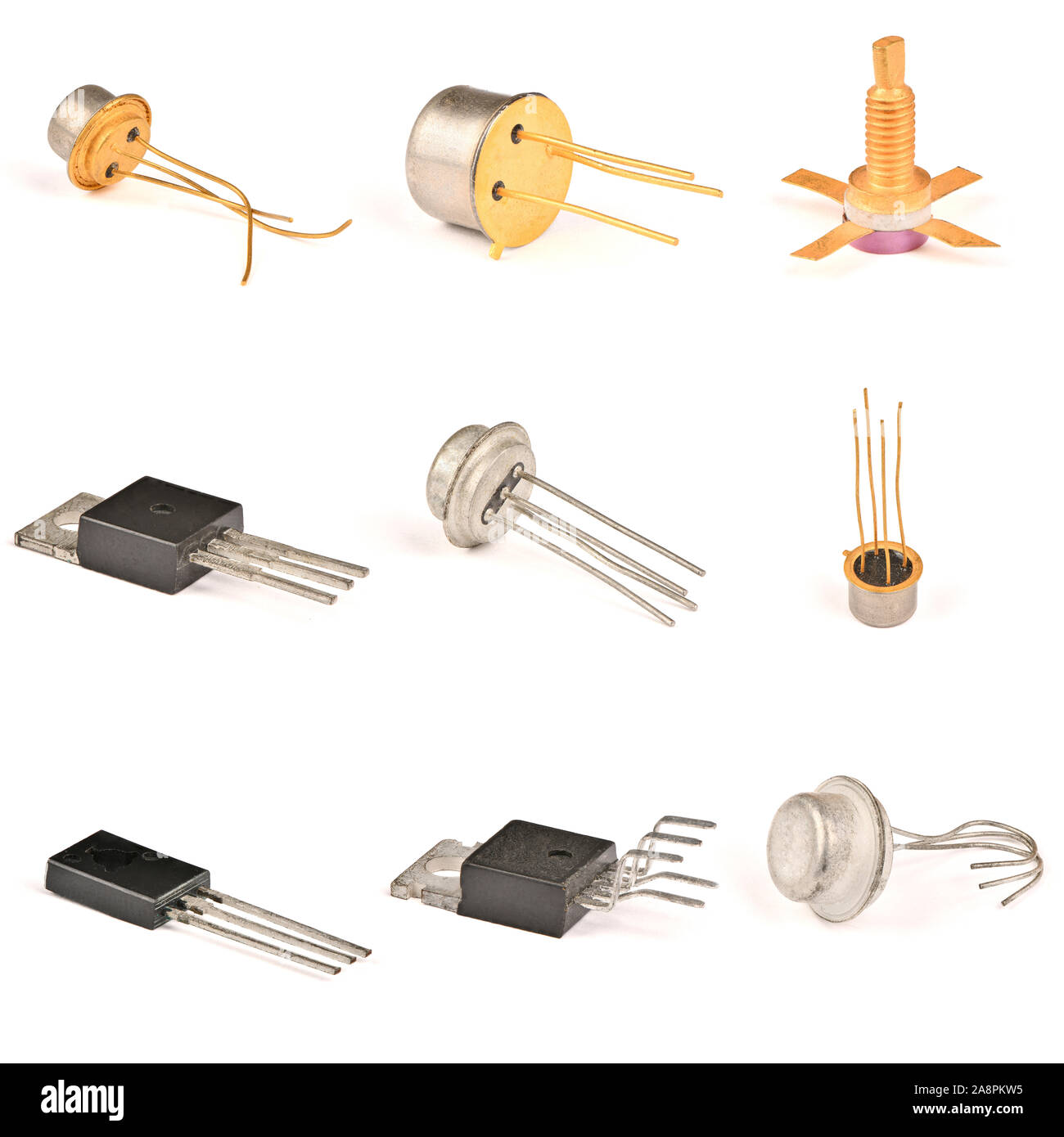 Nine Electronic transistor isolated on white background. Macro shot ...