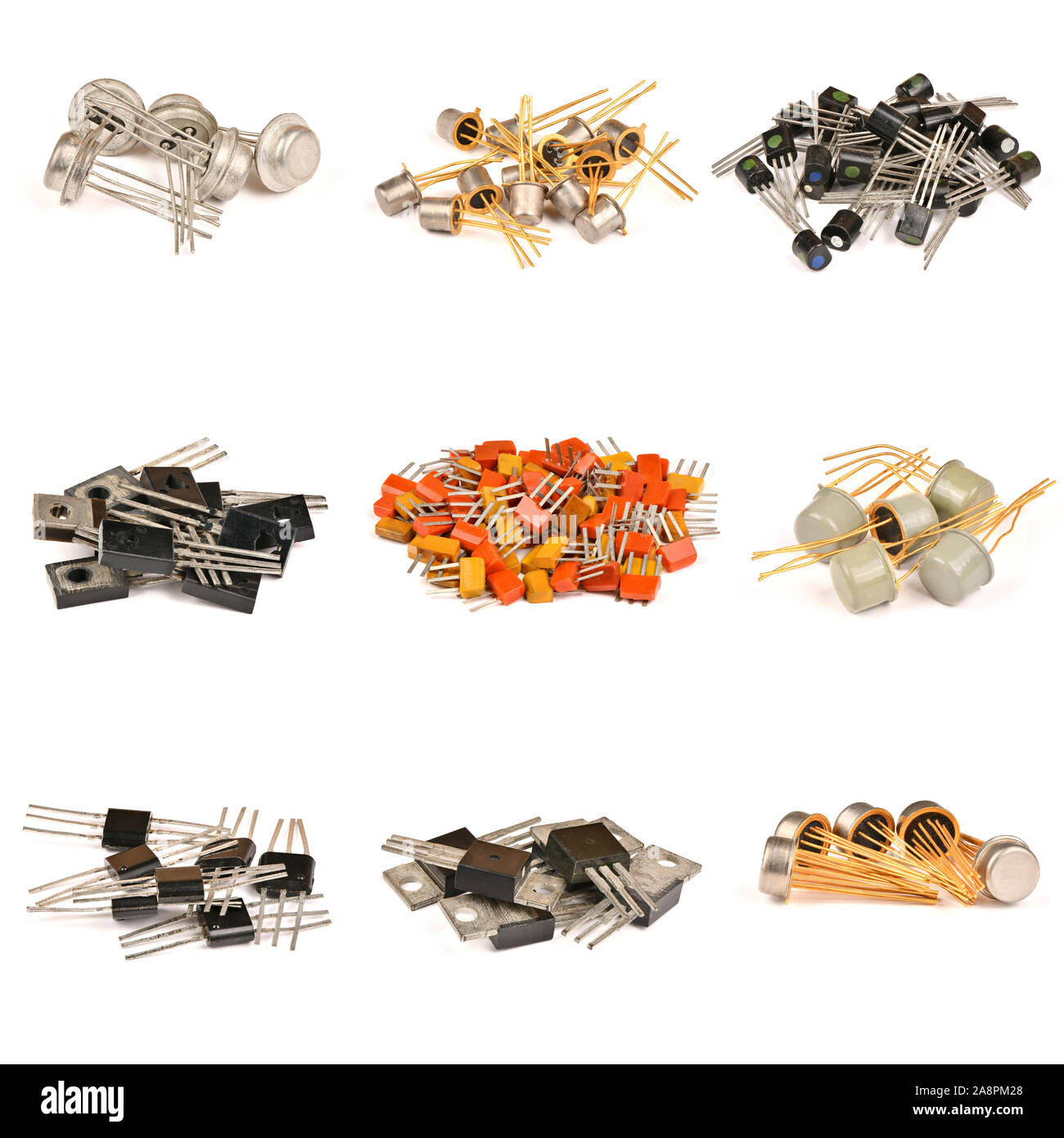 Nine electronic transistor isolated on white background. Macro shot ...