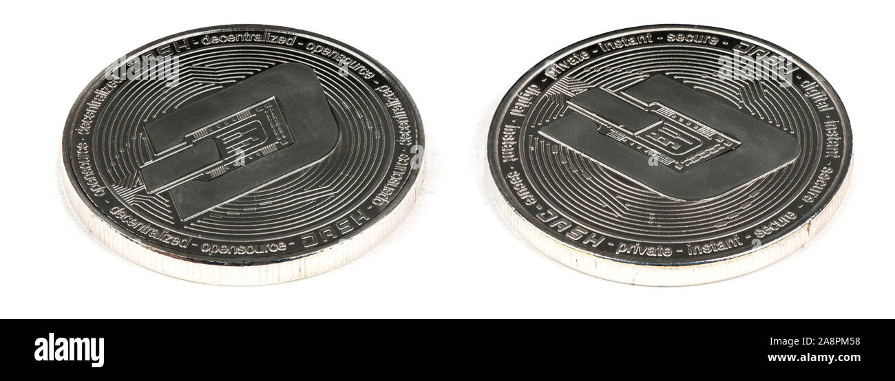 Face and back side of the crypto currency silver dash isolated on white ...