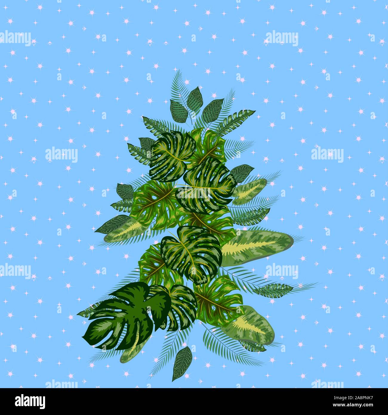 Tropical Christmas. Flamingo, palm leaves and snowflakes. Template for ...