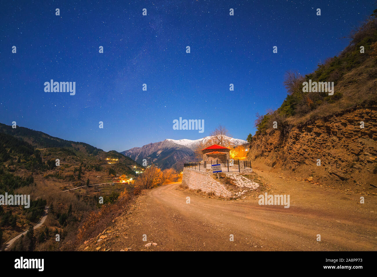 Starry night on Agrafa Mountains where the moonlight illuminates the ...