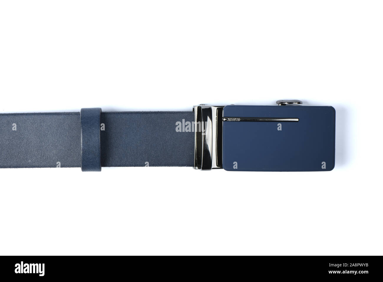 Belt buckle. Blue leather belt isolated on white background. High ...