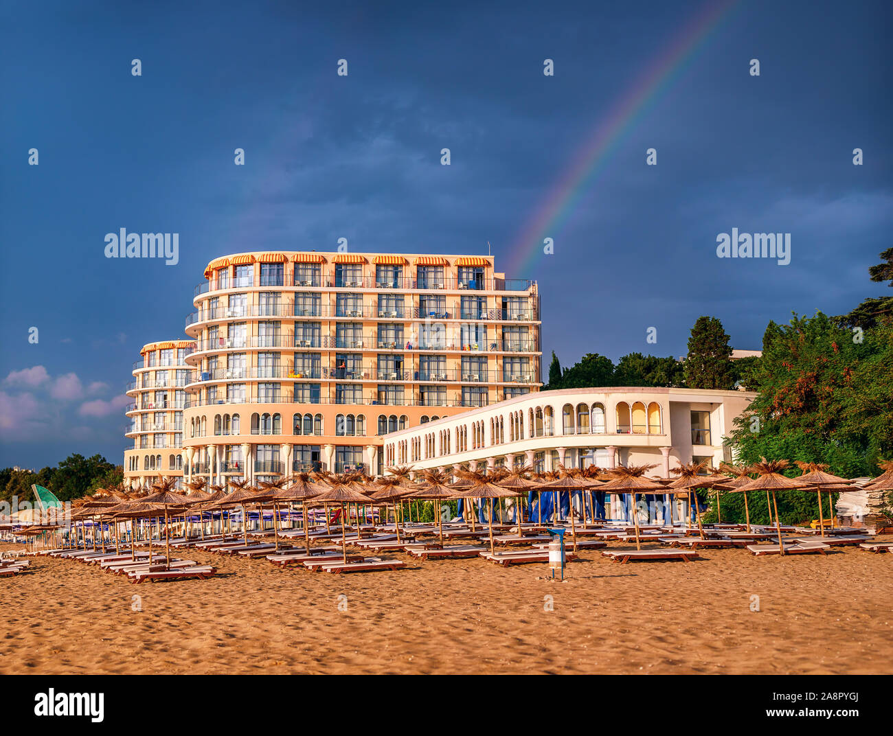 Hotel building architecture, exterior of windows and balconies and ...