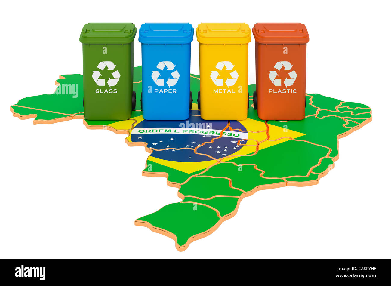 Waste recycling in Brazil. Colored trash cans on the map of Brazil, 3D ...