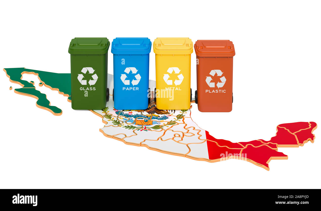 Waste recycling in Mexico. Colored trash cans on the map of Mexico, 3D ...