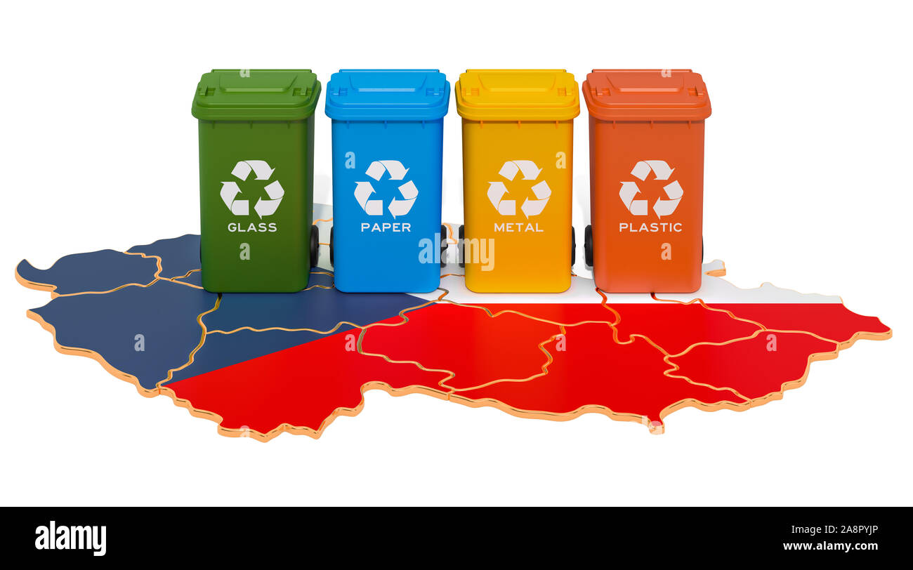 Waste recycling in Czech Republic. Colored trash cans on the map of ...
