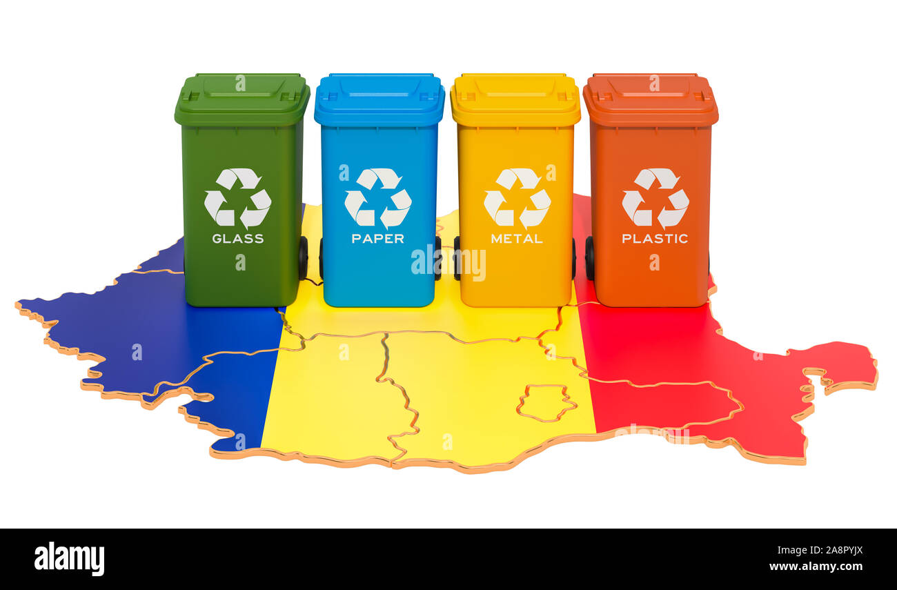 Waste recycling in Romania. Colored trash cans on the map of Romania ...