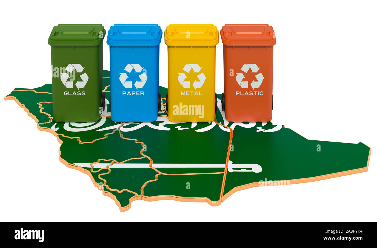 Waste recycling in Saudi Arabia. Colored trash cans on the map of Saudi ...