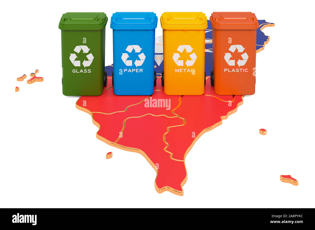Waste recycling in Taiwan. Colored trash cans on the map of Taiwan, 3D ...