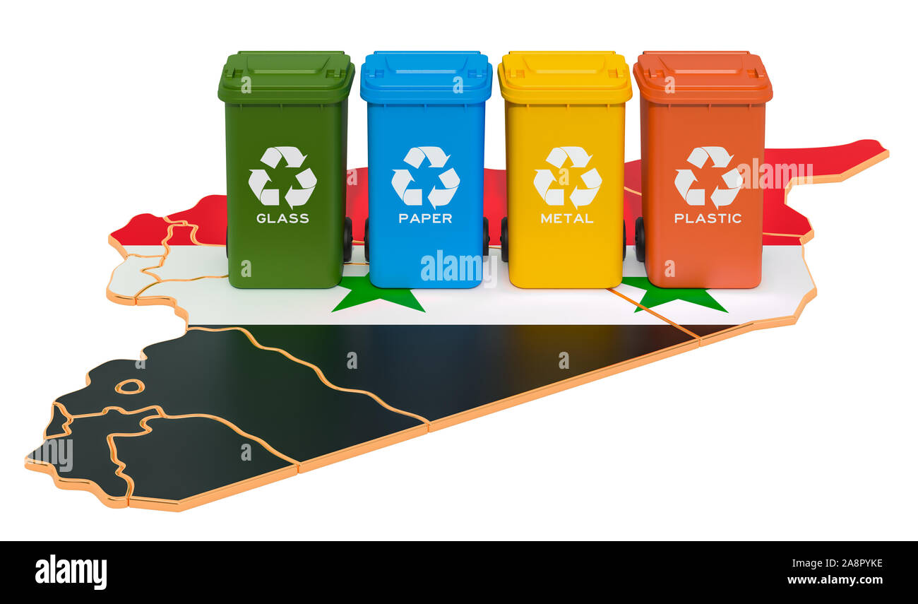 Waste recycling in Syria. Colored trash cans on the map of Syria, 3D ...