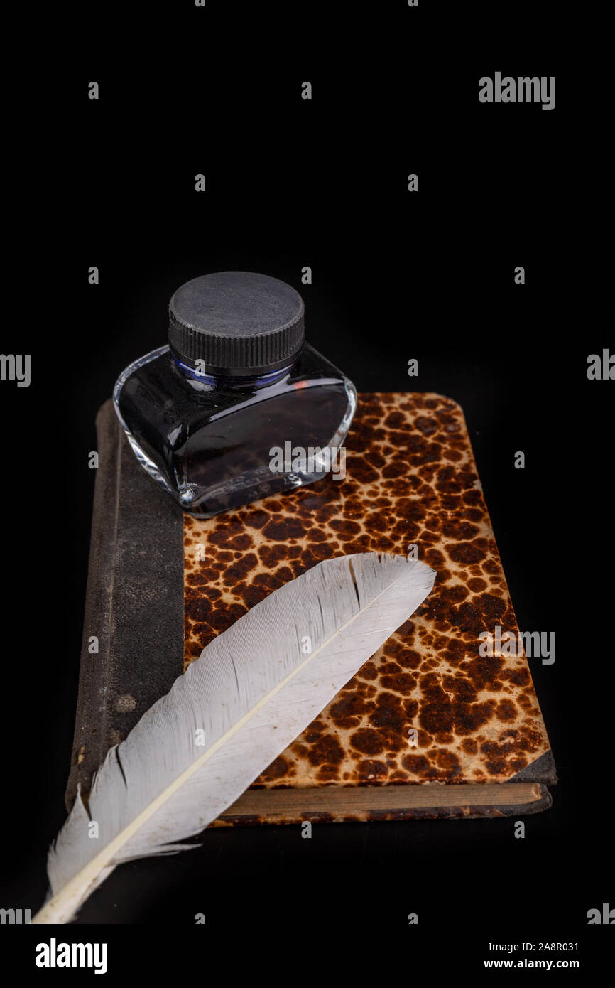 Old book feather pen inkpot hi-res stock photography and images - Alamy