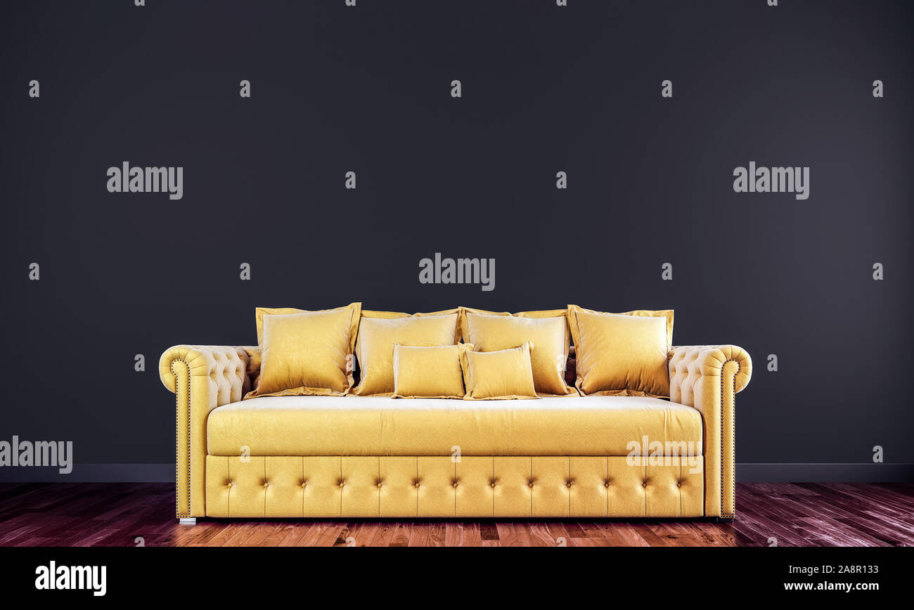 Black mock up wall with gold tufted sofa in modern interior background ...