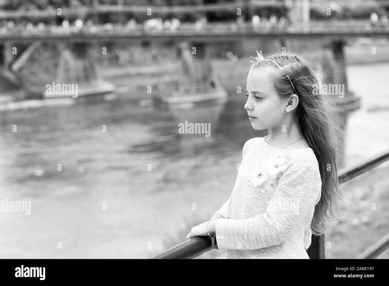 Peaceful princess. Girl princess with little crown river background ...