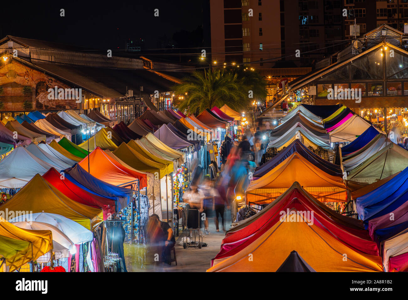 Coloufrul Talad Rod Fai Train night market in Bangkok, Thailand. New ...