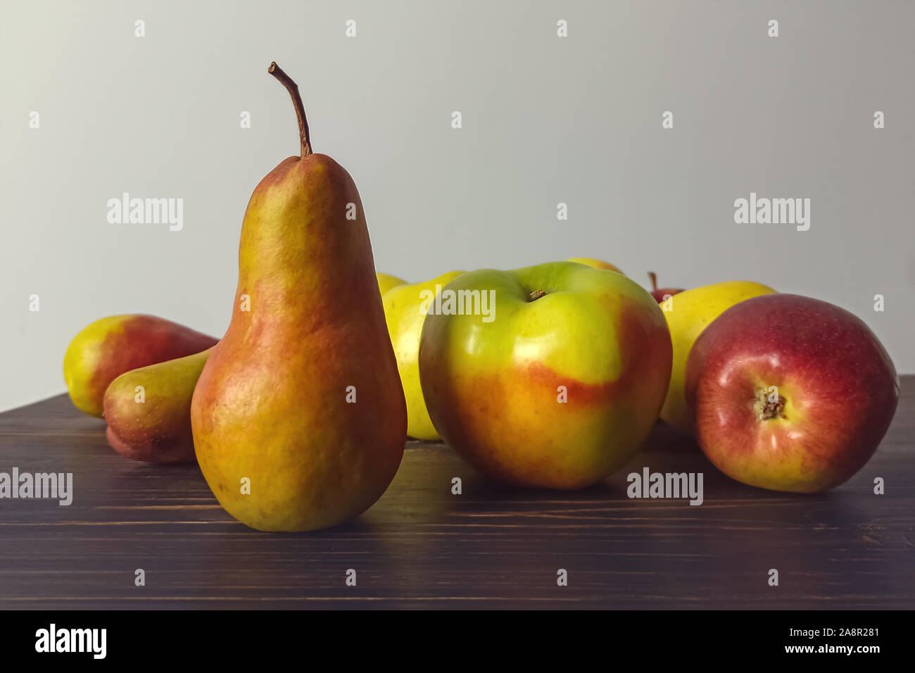 Ripe fruits, apples, pears on a wooden old table. Fruit still life ...