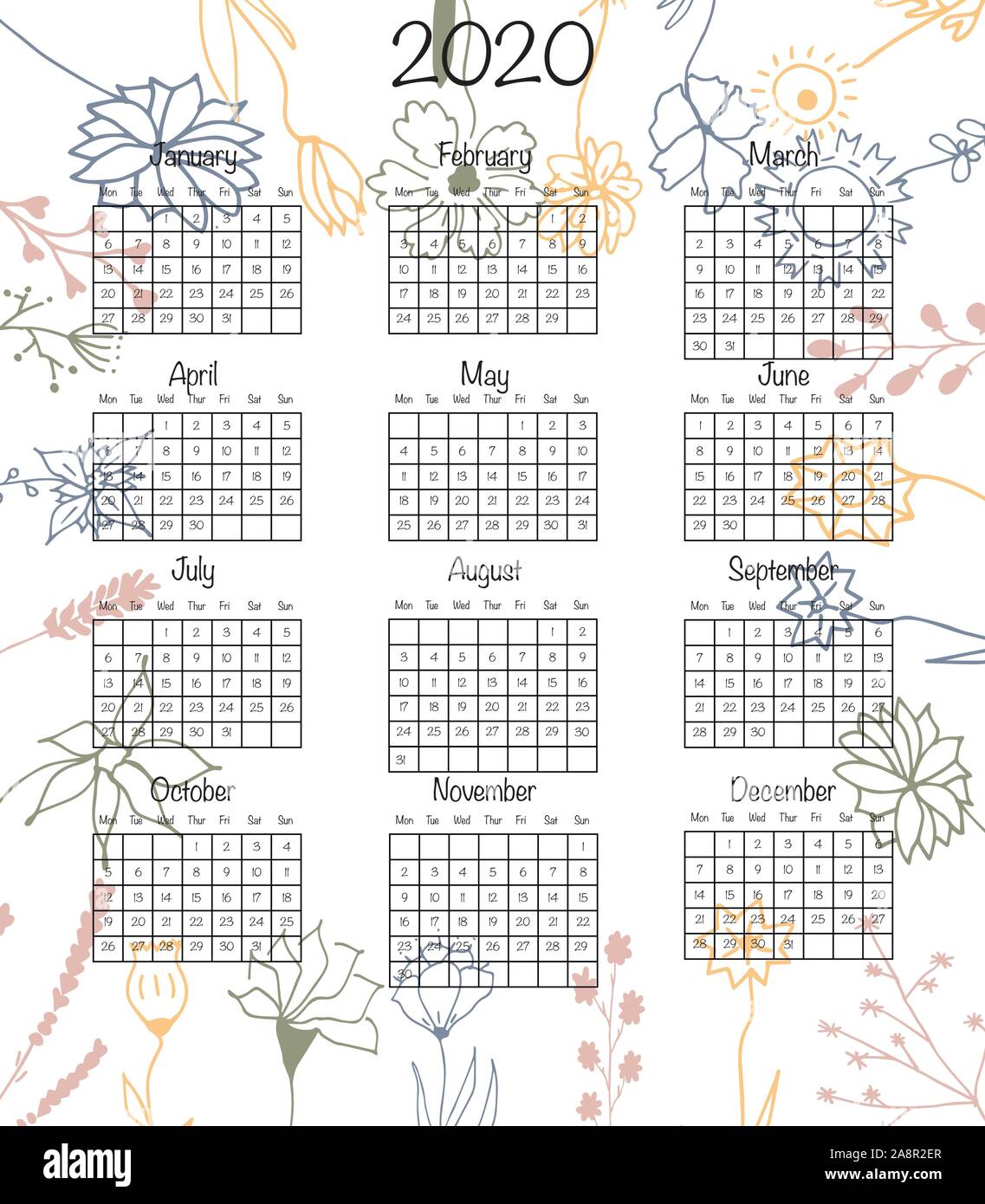 Calendar design for 2020 in minimal simple hand drawn floral style ...