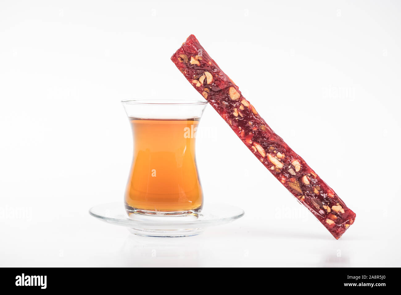 sweet turkish delight with nuts and tea isolated on white, panoramic ...