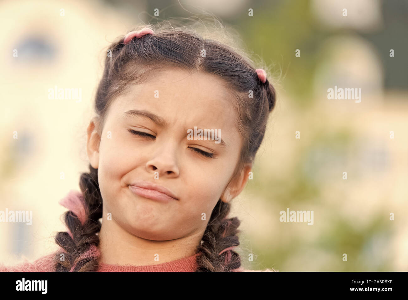 Have some doubts. Girl emotional face. Thoughts and doubts concept. Kid ...