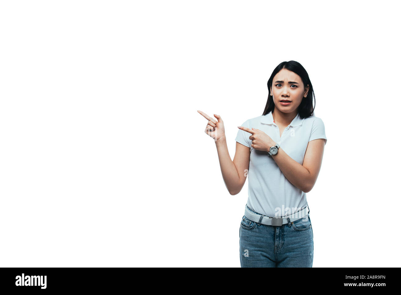 scared attractive asian girl pointing with fingers isolated on white ...