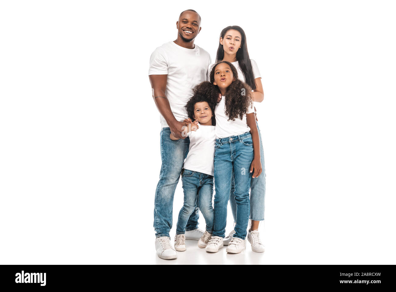 cheerful african american mother and daughter making duck faces while ...