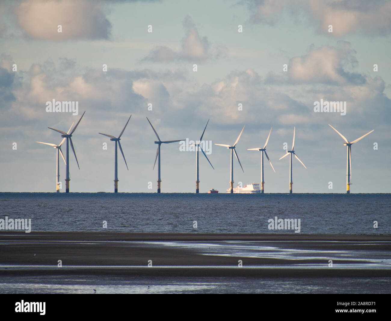The wind turbines of Burbo Bank in the Mersey Estuary off New Brighton ...