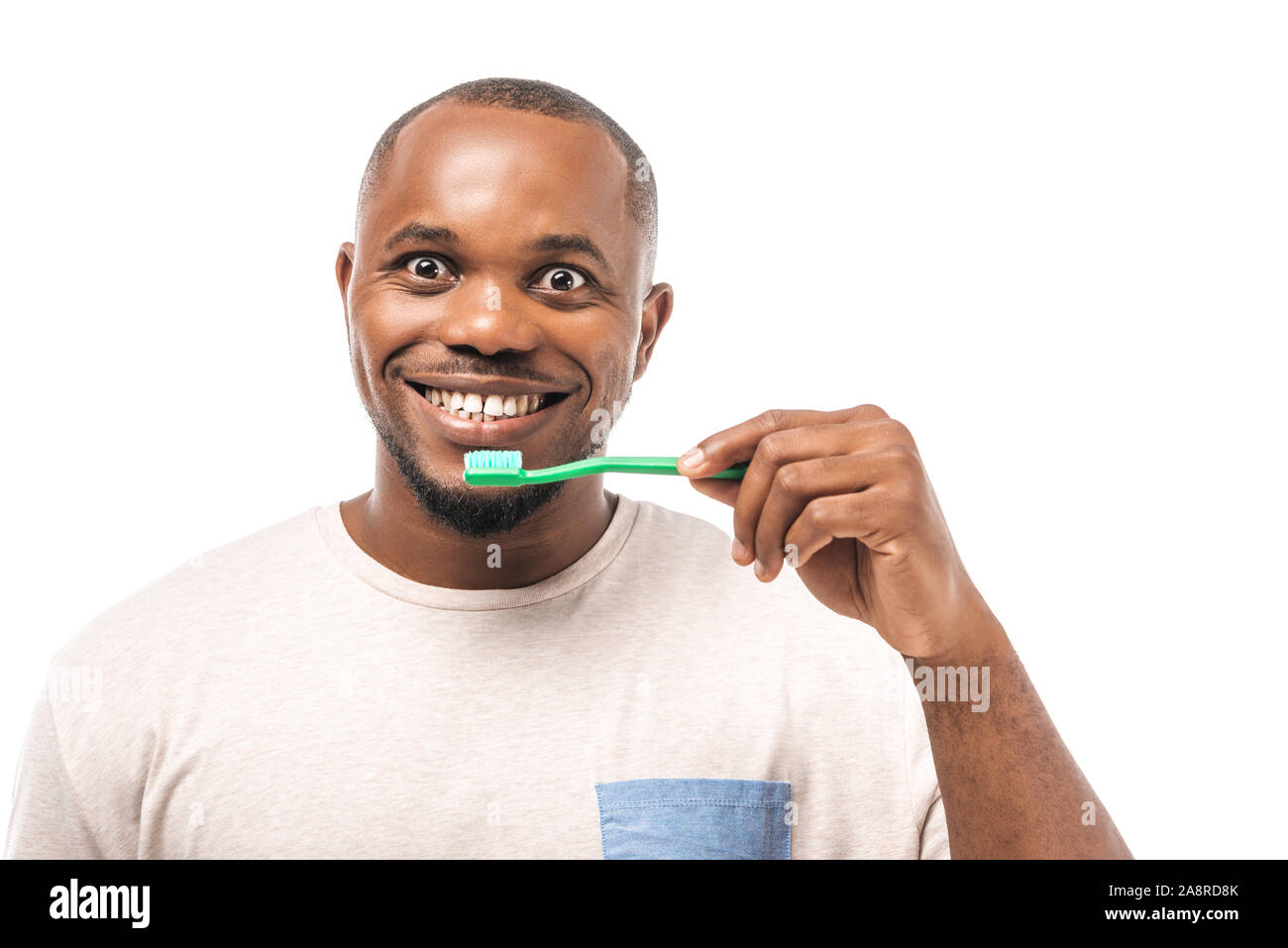 cheerful african american man brushing teeth isolated on white Stock Photo - Alamy