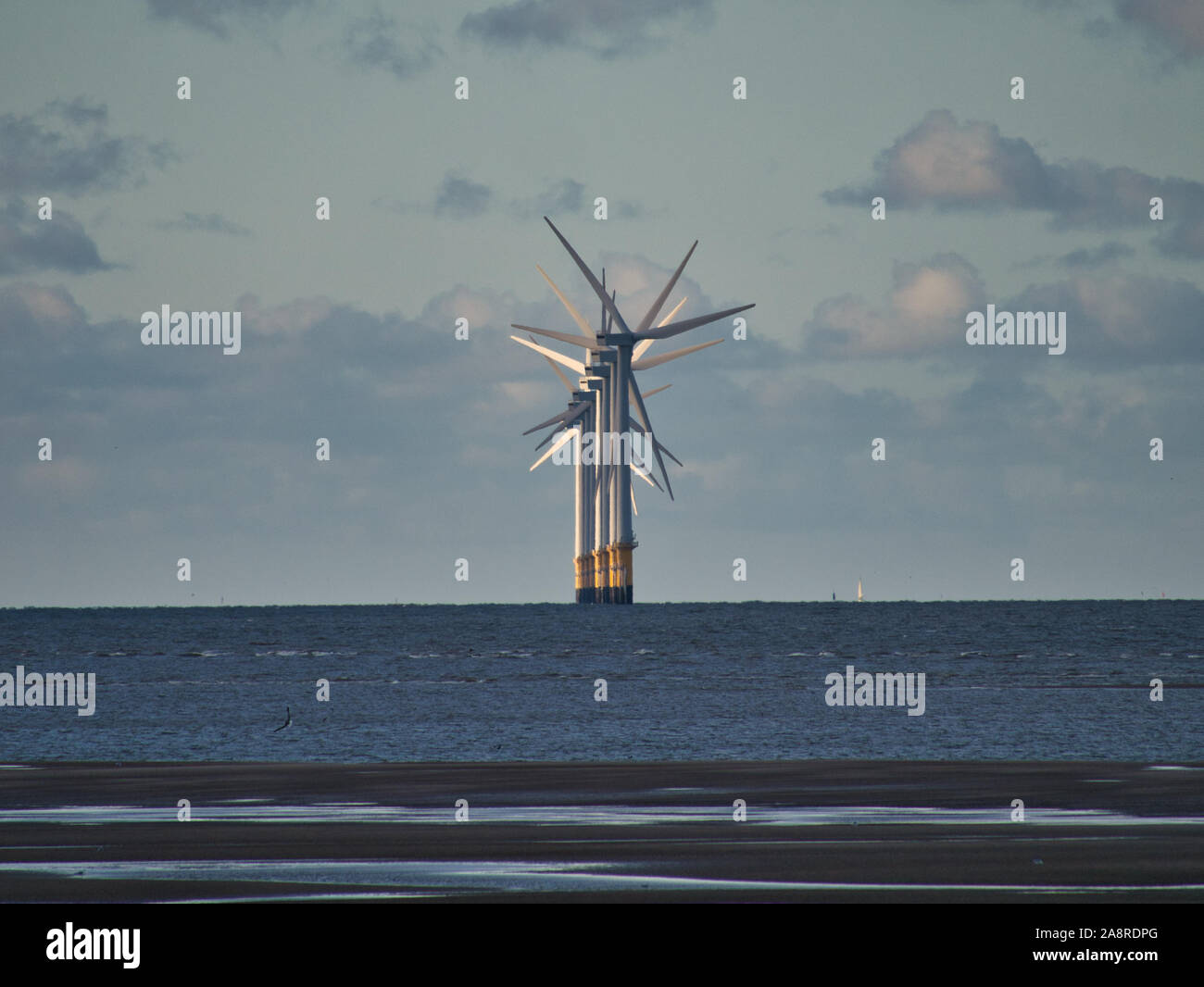 The wind turbines of Burbo Bank in the Mersey Estuary off New Brighton ...