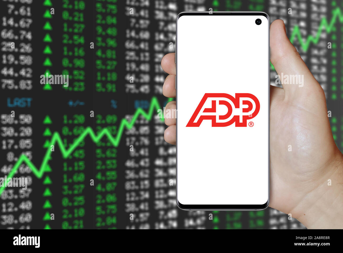 Logo of public company Automatic Data Processing displayed on a ...