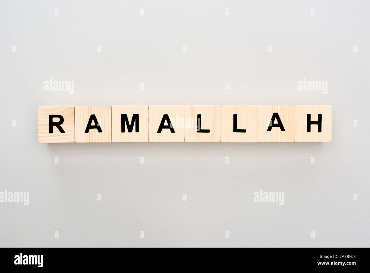 top view of wooden blocks with Ramallah lettering on white background ...