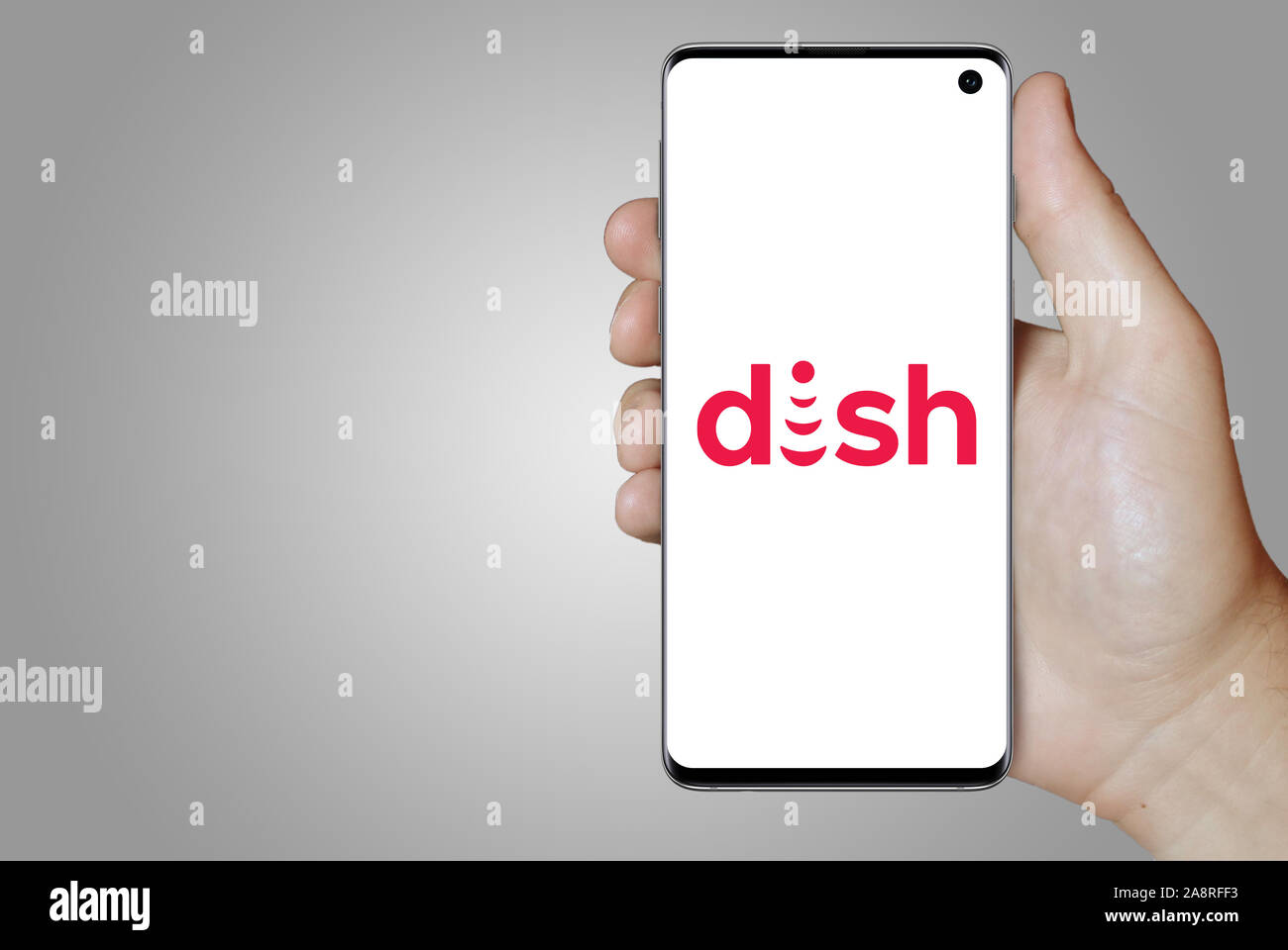 Logo of public company Dish Network displayed on a smartphone. Grey ...