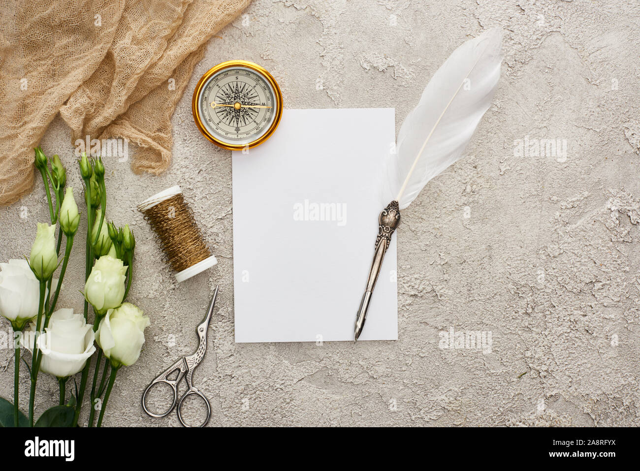 top view of quill pen on blank card near golden compass, beige ...