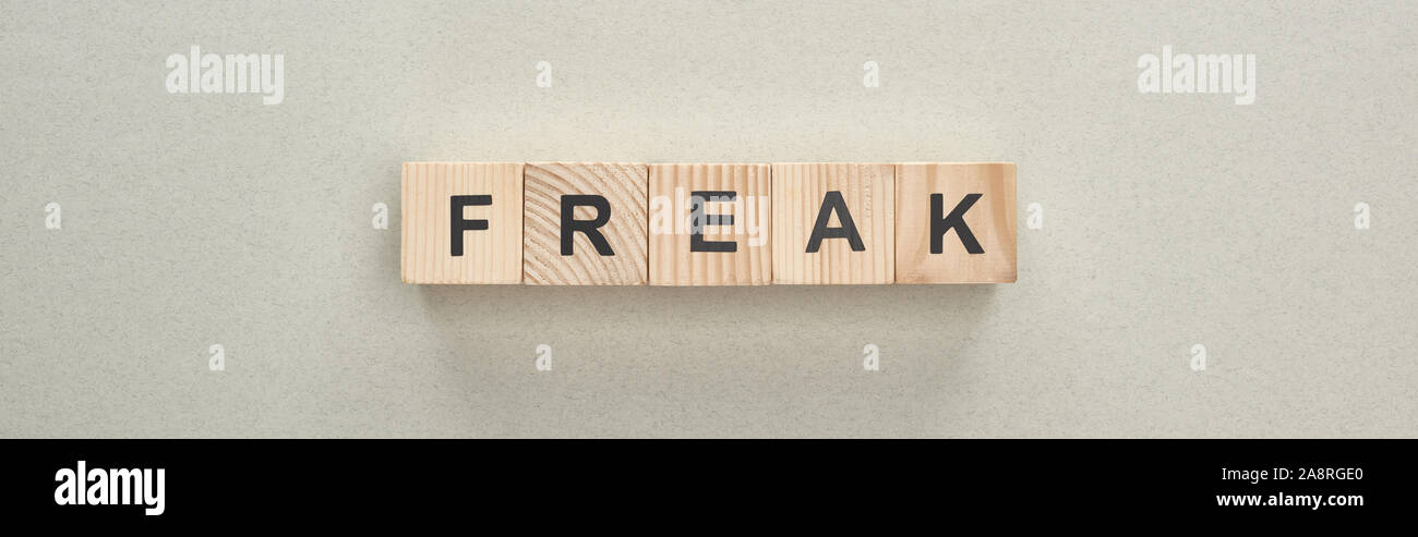 panoramic shot of wooden blocks with freak lettering on grey background ...