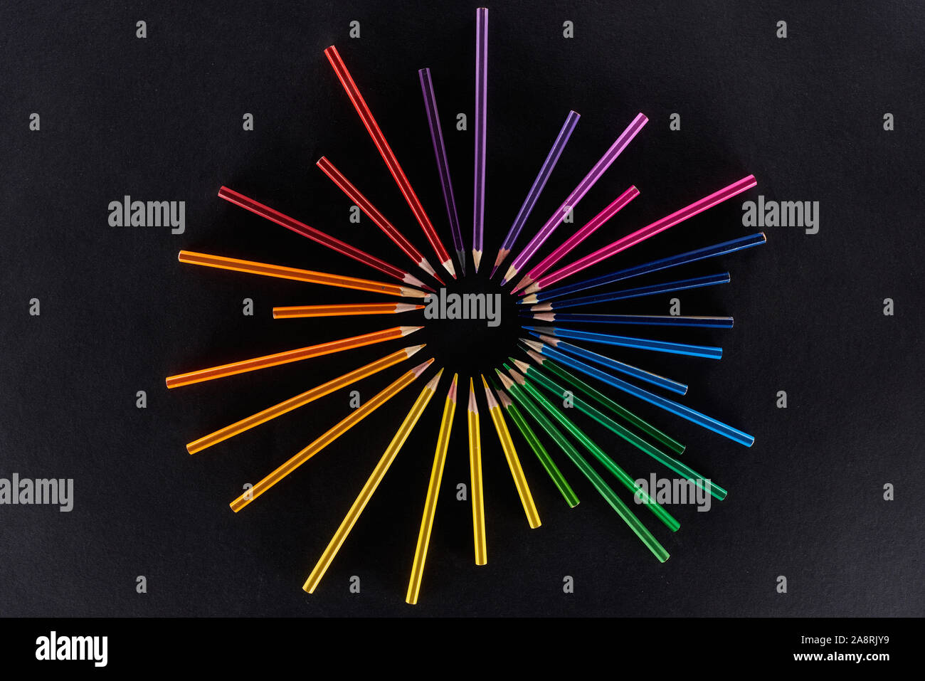 Rainbow spectrum gradient made with color pencils isolated on black ...