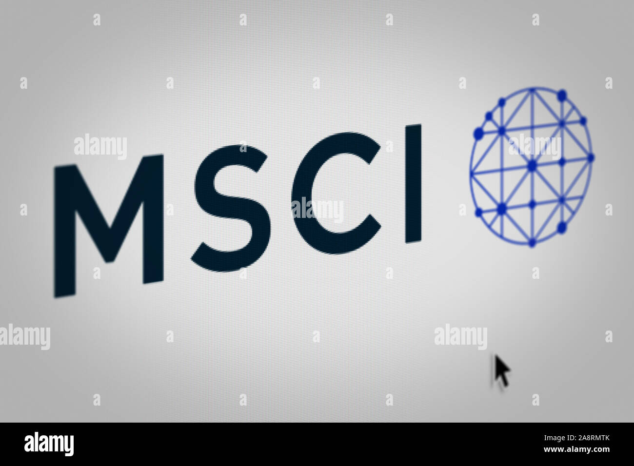 Logo of the public company MSCI Inc displayed on a computer screen in close-up. Credit: PIXDUCE ...