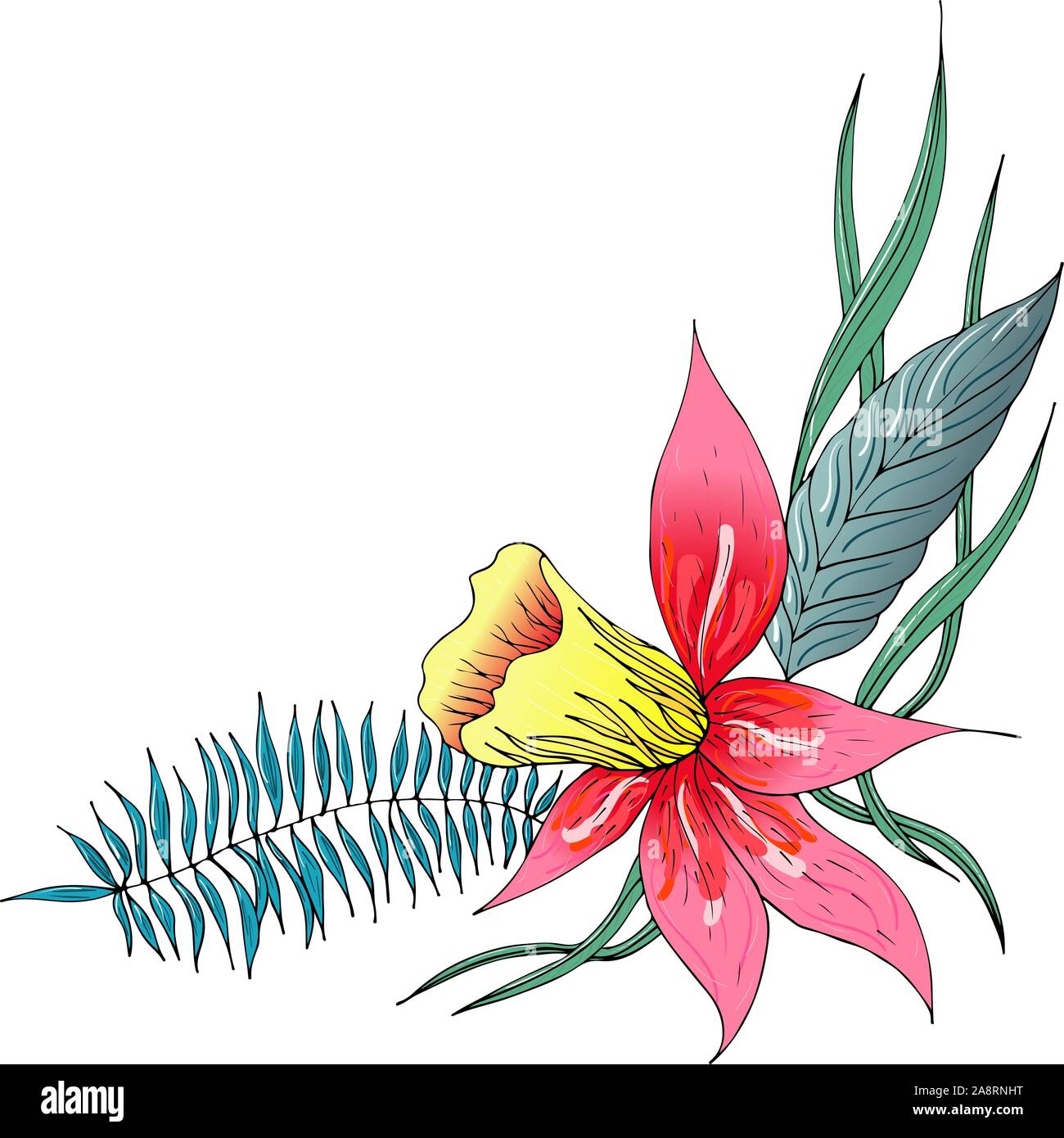 Engraved hand drawn abstract orchid. Retro flowers hand outline orchid ...