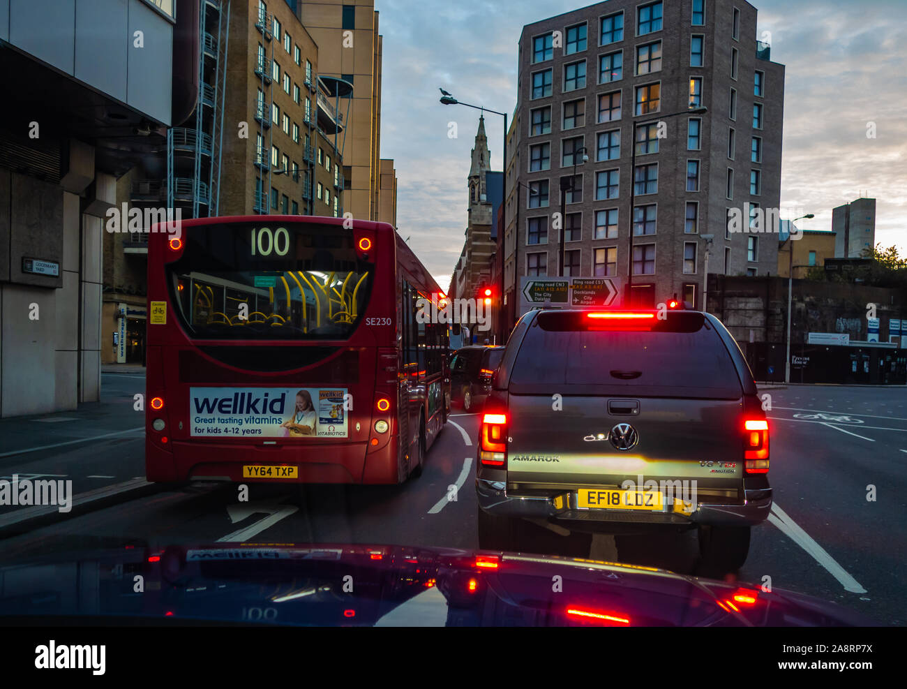 Range Rover drivers view on the streets of London City at dawn Stock ...