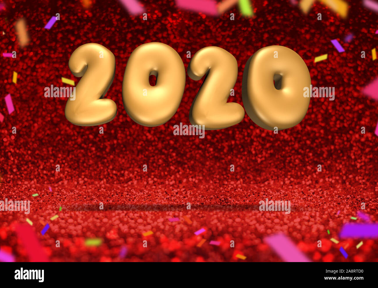 happy new year 2020 (3d rendering) at perspective red sparkling glitter ...