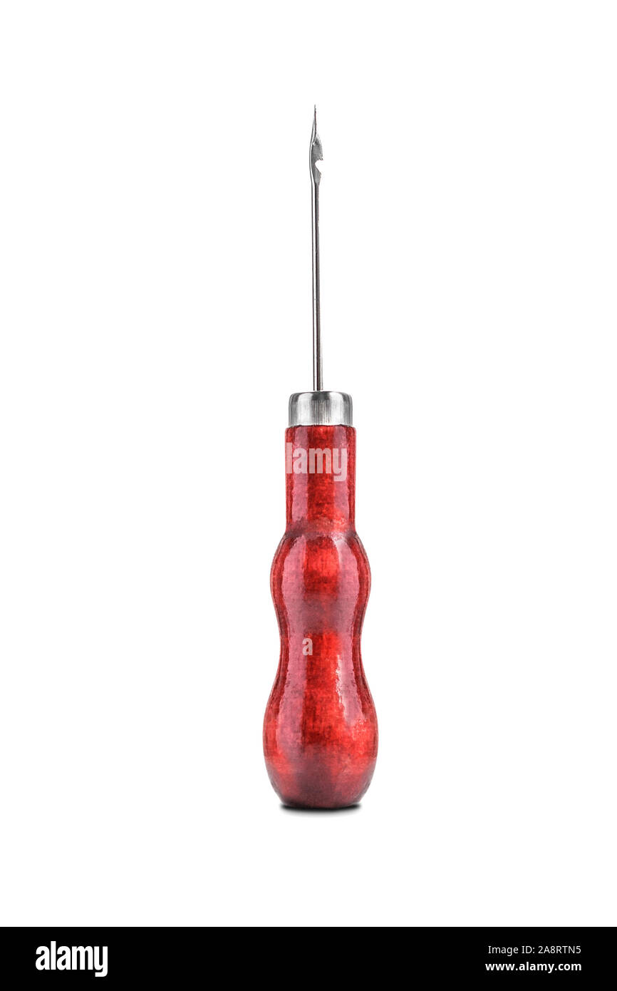 New awl with dark red wooden handle and hook on peak blade isolated on ...