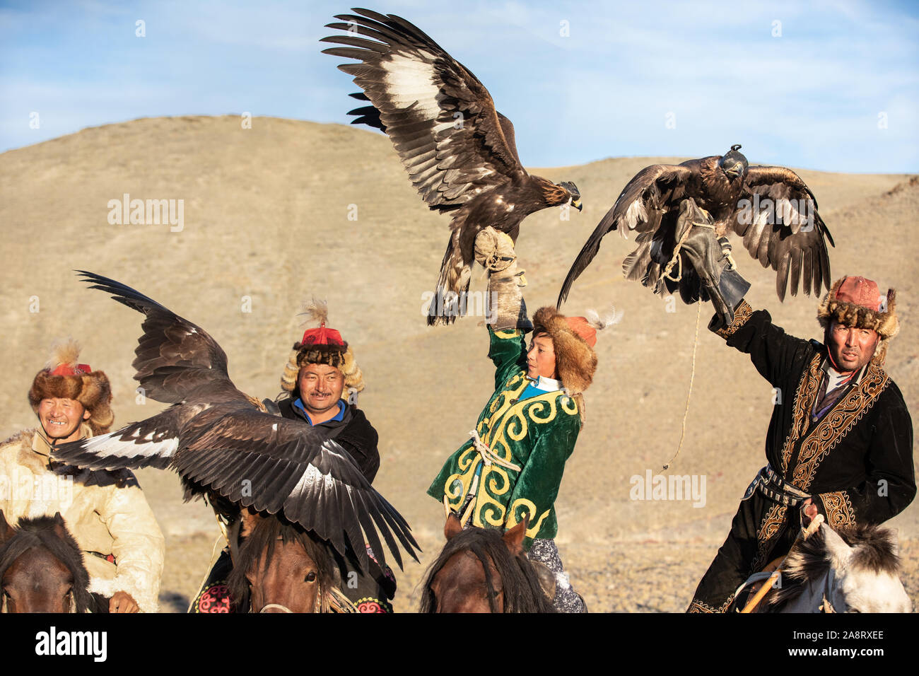 A group of traditional kazakh eagle hunters holding their golden eagles ...