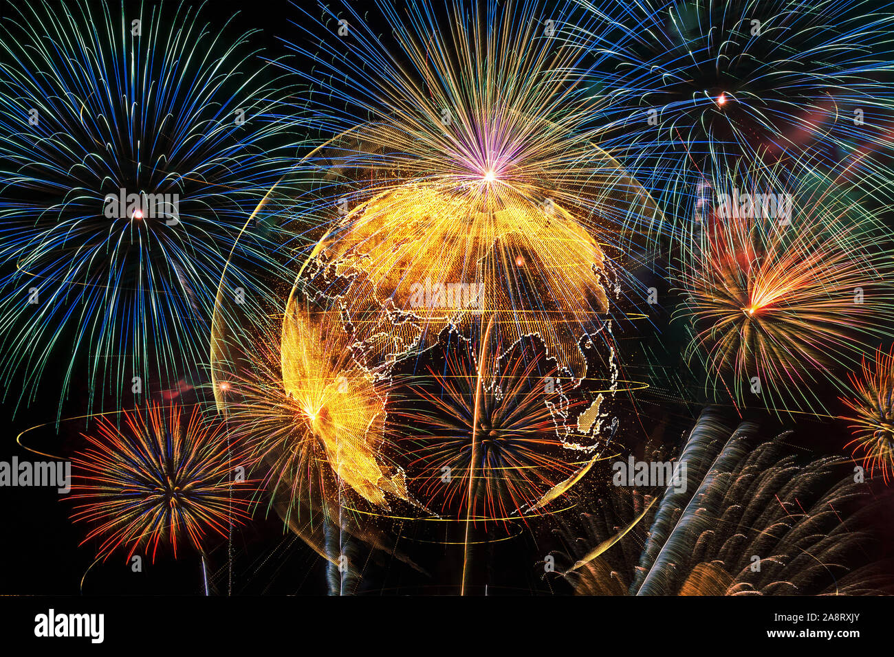 Multicolor Firework Celebration over the Part of Abstract planet earth ...