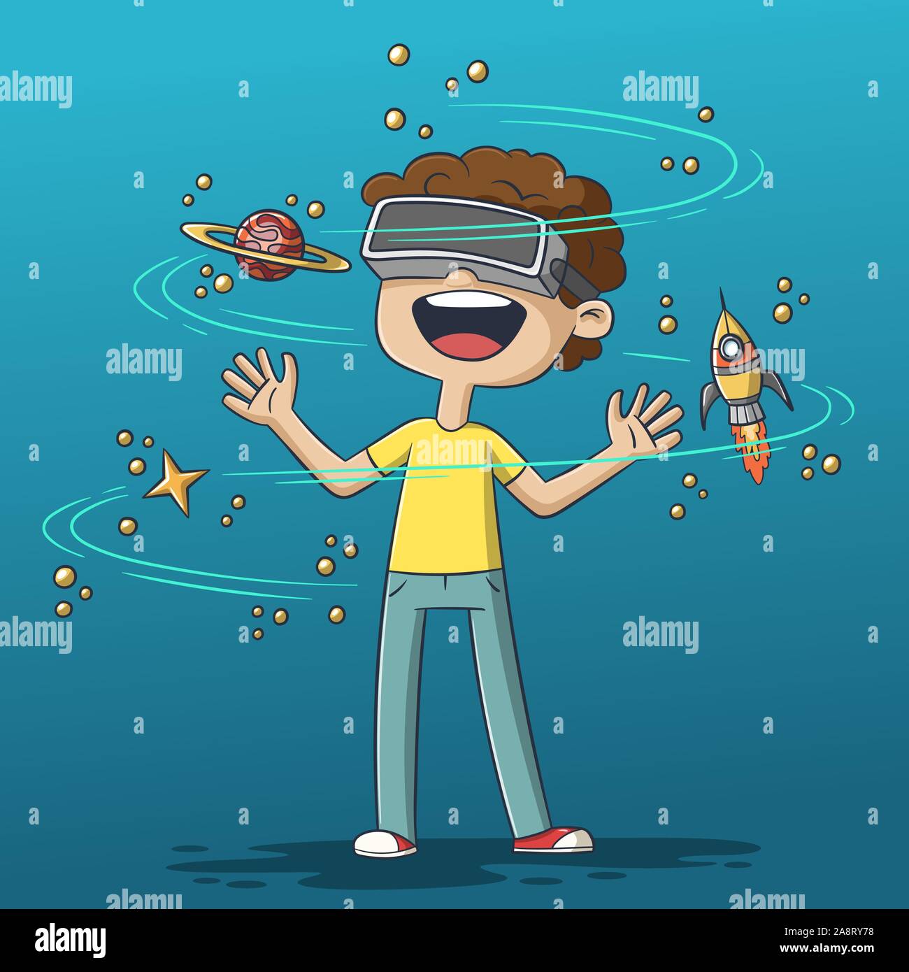 Boy using virtual reality headset. Hand drawn vector illustration with ...