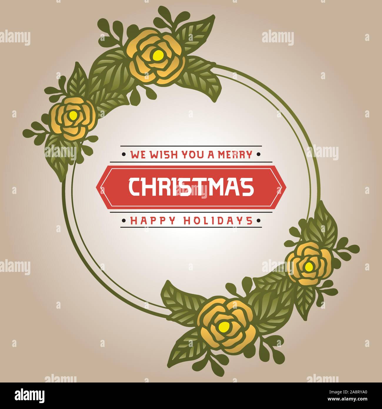 Text christmas happy holiday, with rose flower frame and green leaves ...