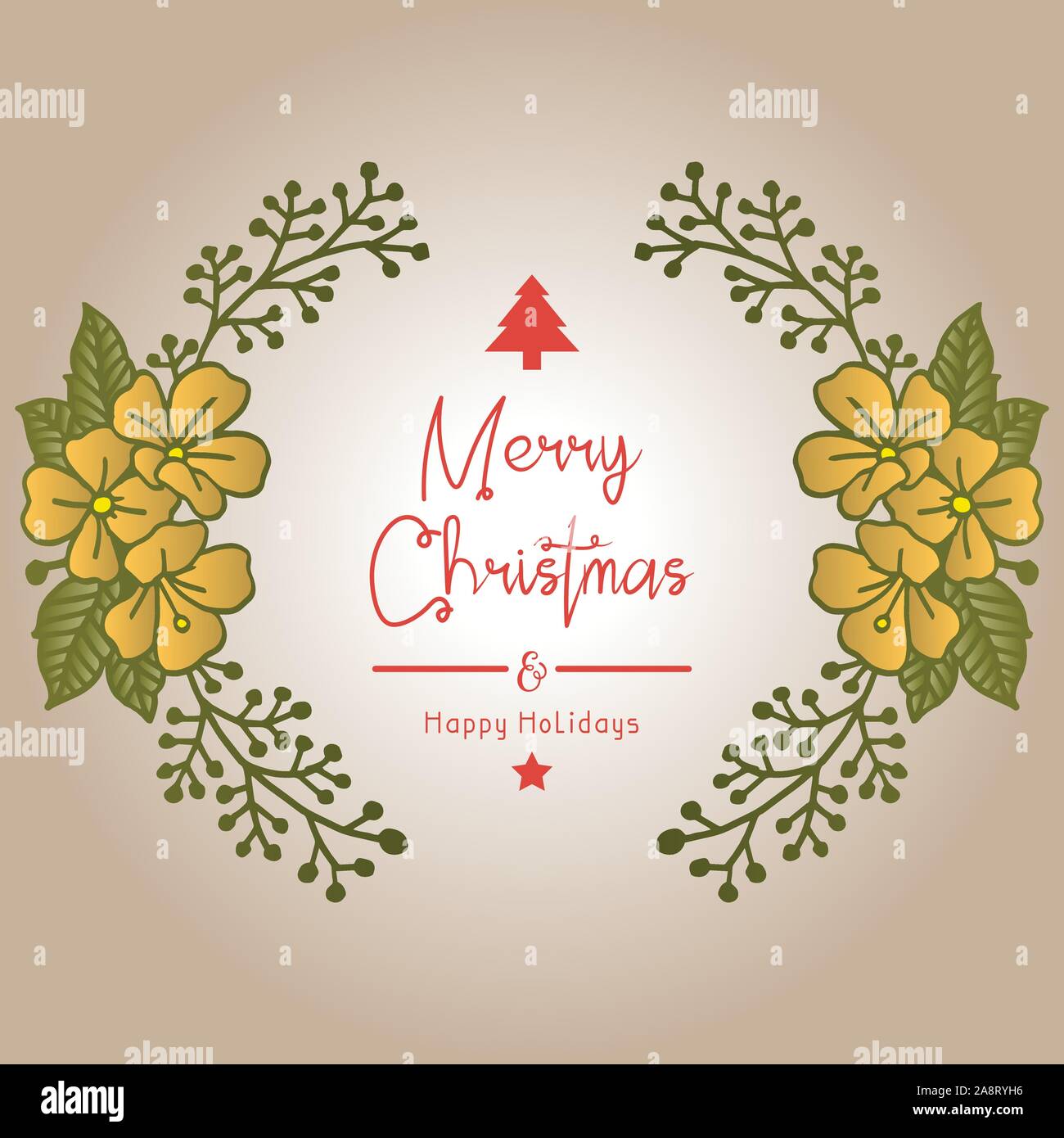 Handwritten text christmas happy holiday, with art of green leafy ...