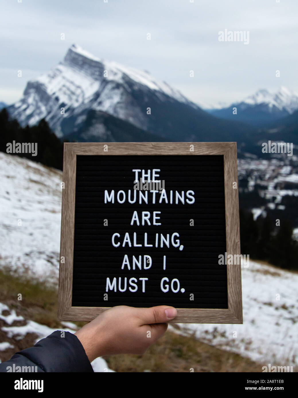 Banff Mountain Letter Board The Mountains Are Calling Stock Photo - Alamy