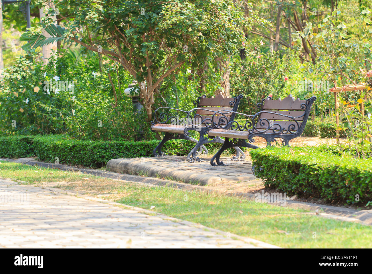 Bench in beautiful city park for relax on vacation Stock Photo - Alamy