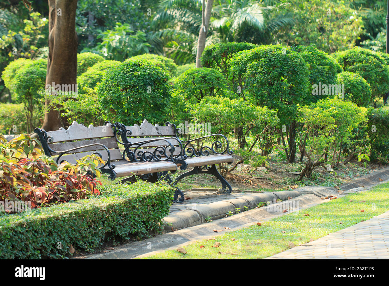 Bench in beautiful city park for relax on vacation Stock Photo - Alamy