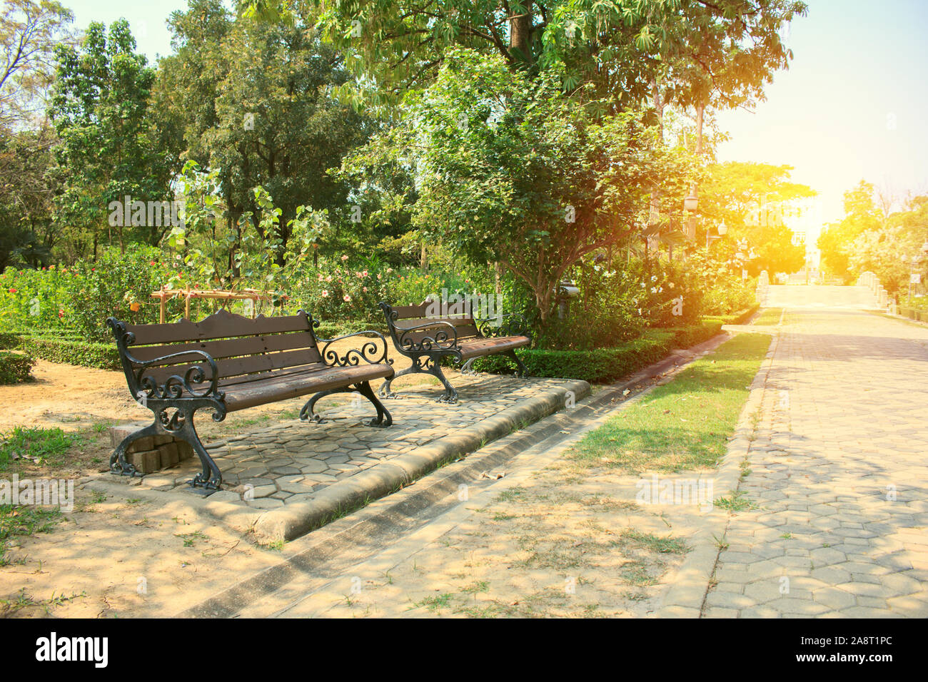 Bench in beautiful city park for relax on vacation Stock Photo - Alamy